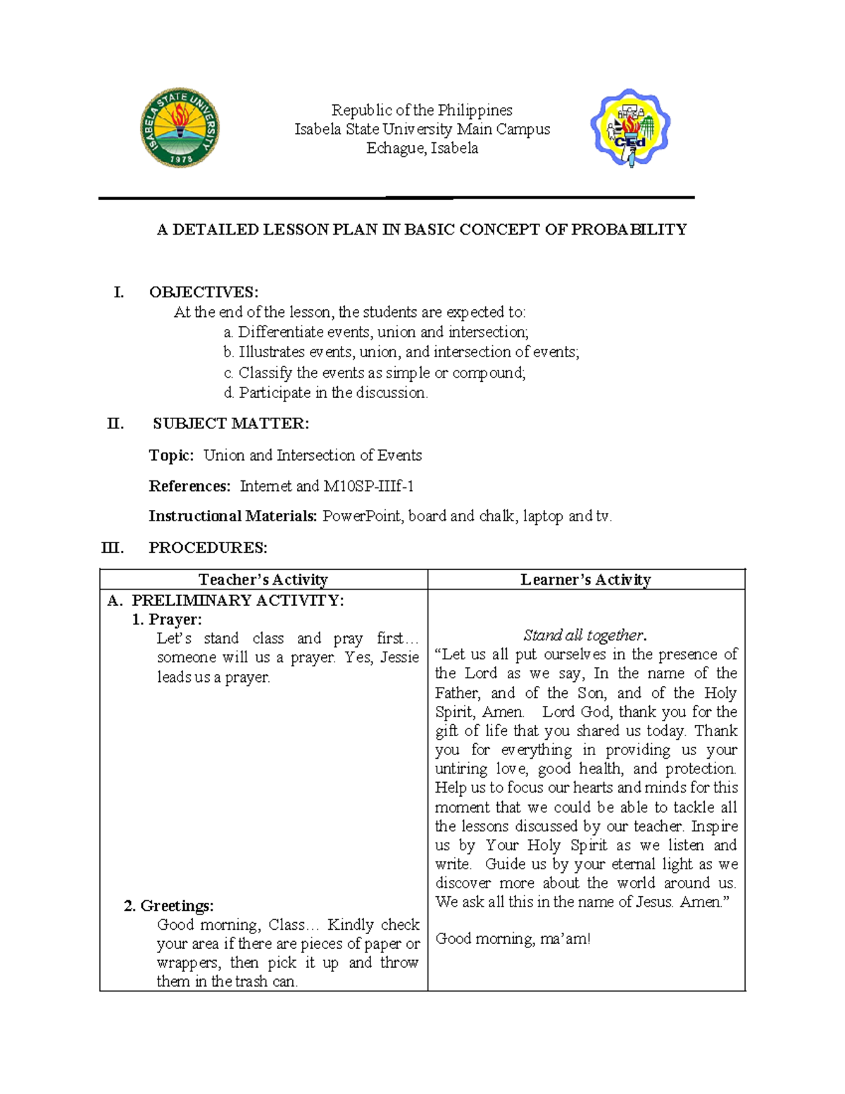 Union and intersection of events day2 - Republic of the Philippines Isabela State University ...