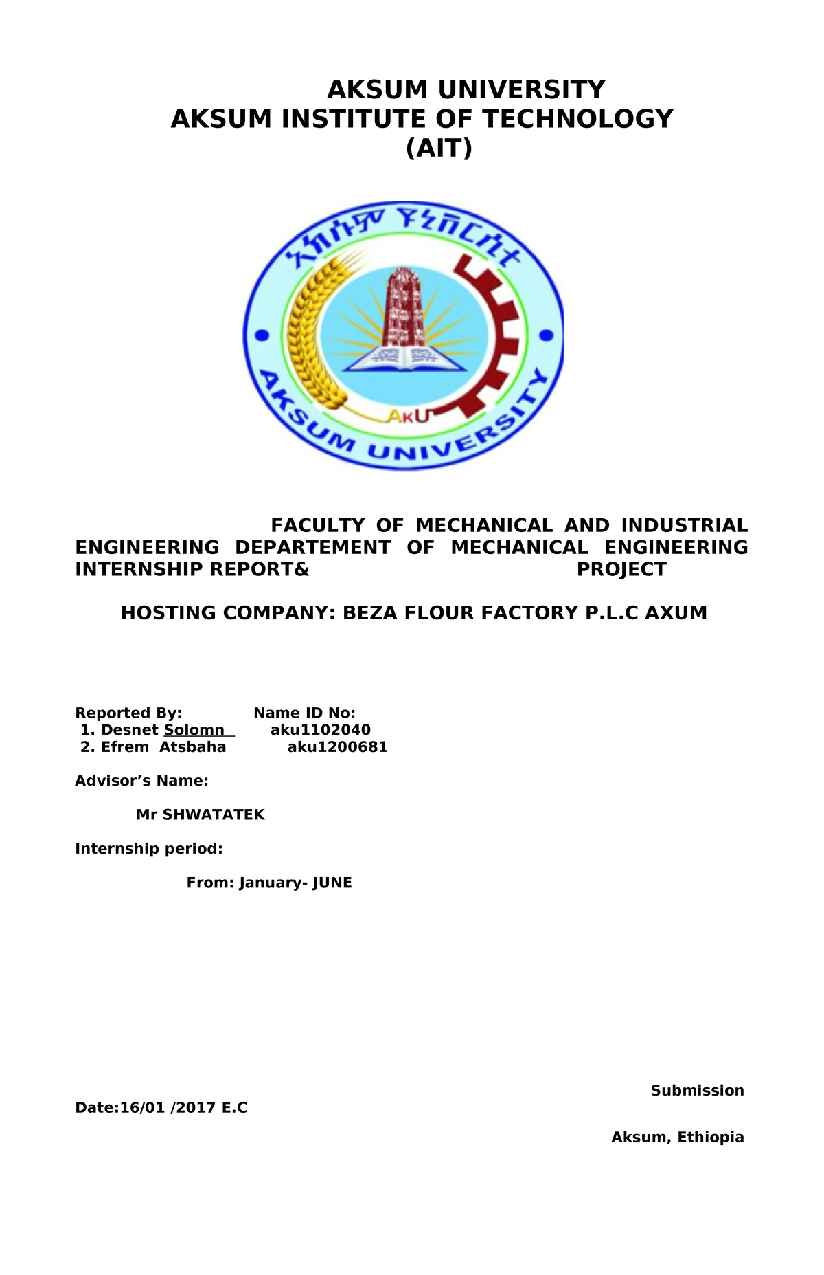 Dddddddddd - Pdf - AKSUM UNIVERSITY AKSUM INSTITUTE OF TECHNOLOGY (AIT ...