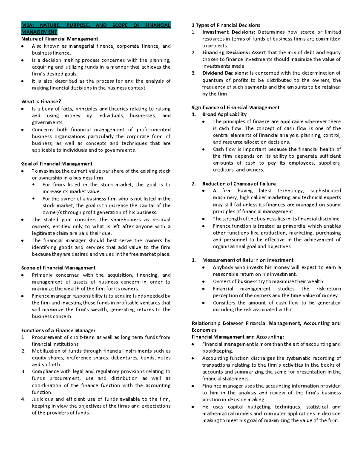Midterm-Reviewer- Finmgt 1 - M1A: NATURE, PURPOSE, AND SCOPE OF ...