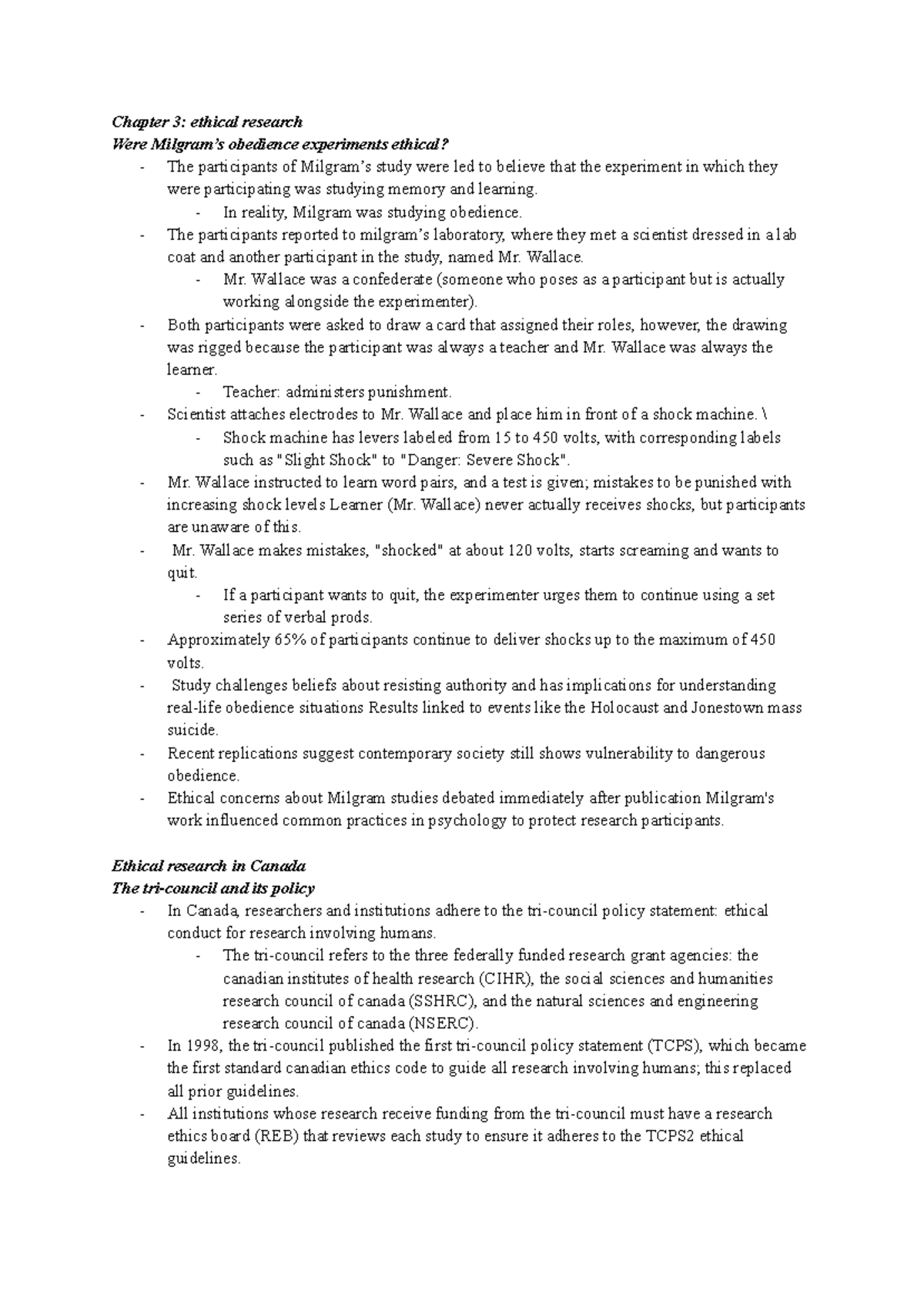 Textbook notes ~ chapter 3 - Chapter 3: ethical research Were Milgram’s ...