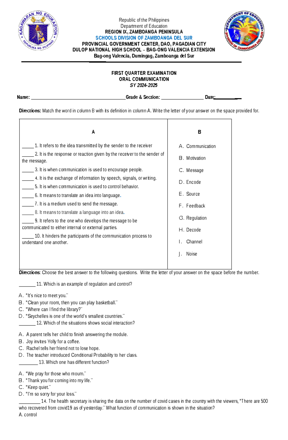 1st quarter examination ORAL COM - Republic of the Philippines ...