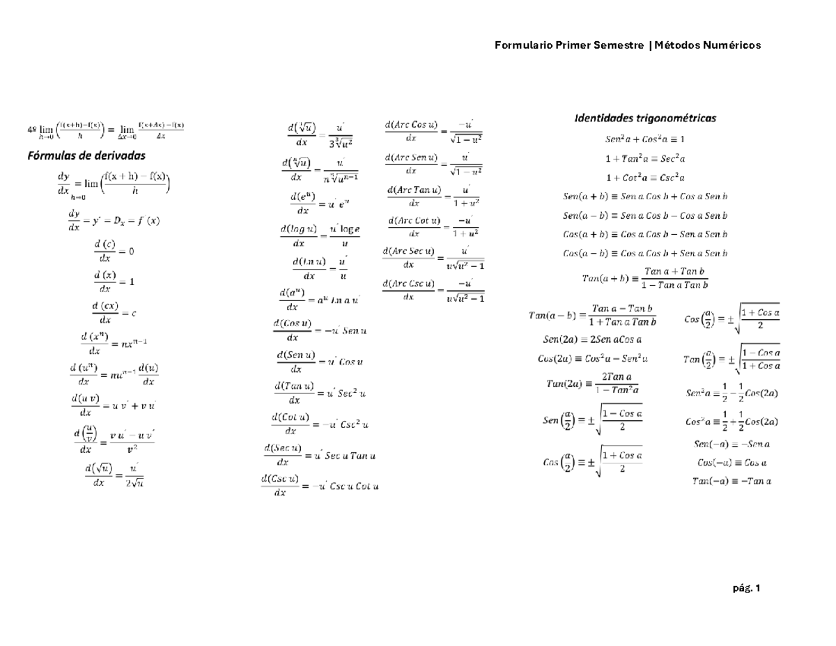 Formulario Métodos Num. P1 - Métodos Numéricos - Formulario Primer Semestre | Métodos Numéricos ...