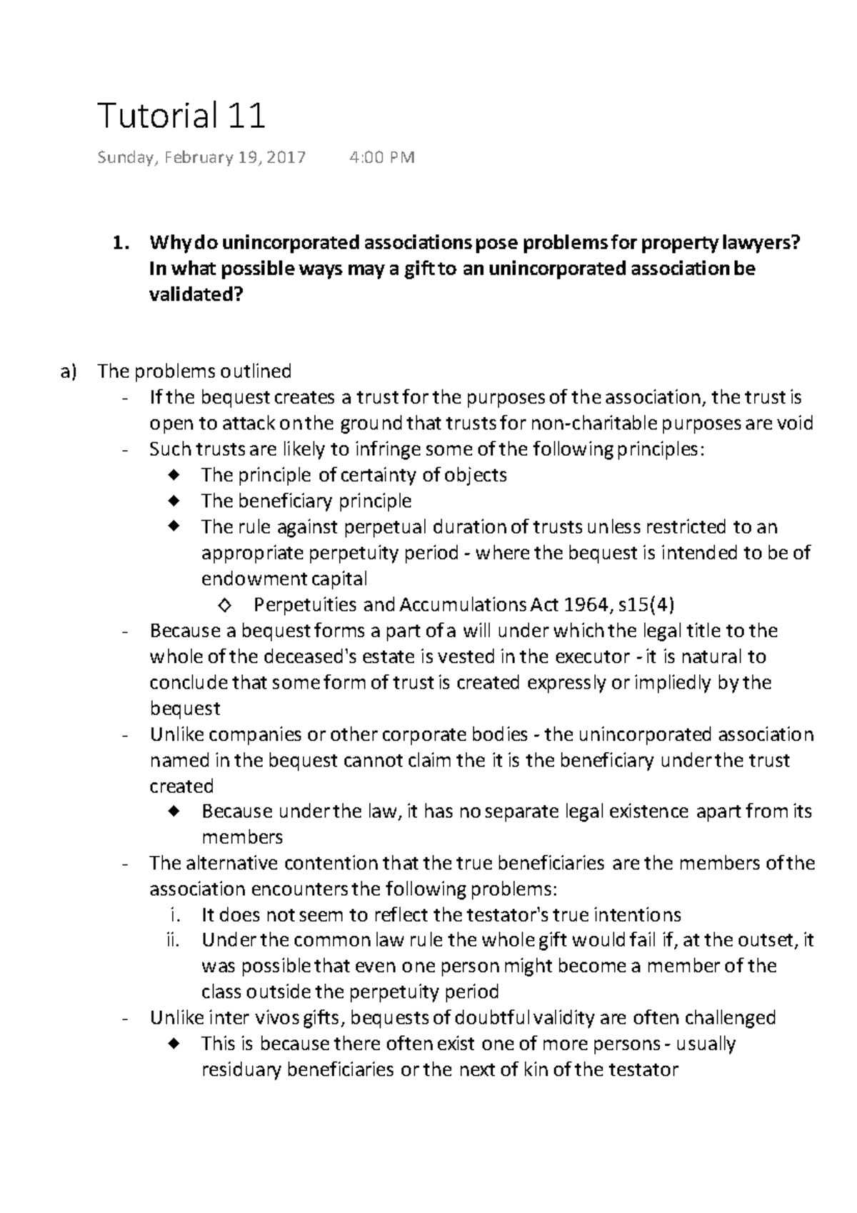 Property Law 1 - Tutorial 11 -Unincorporated Associations - **Why do ...