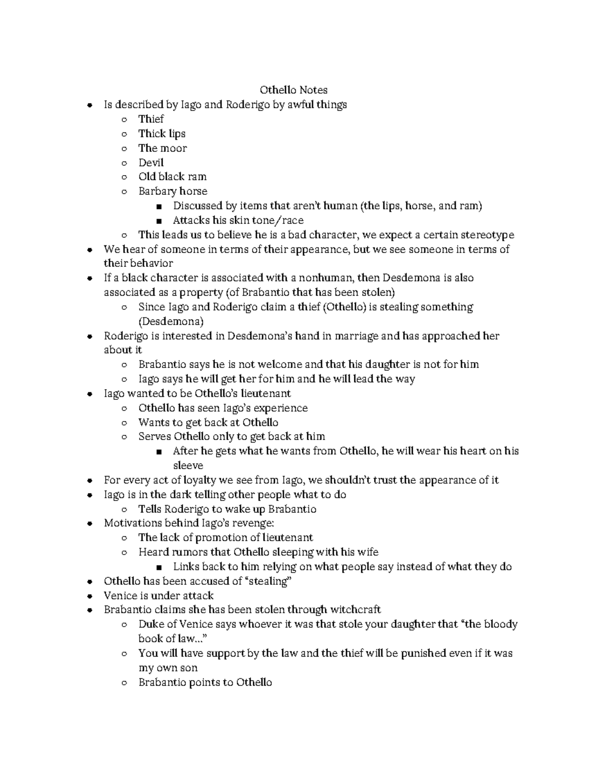 Othello Notes - Othello Notes Is described by Iago and Roderigo by ...