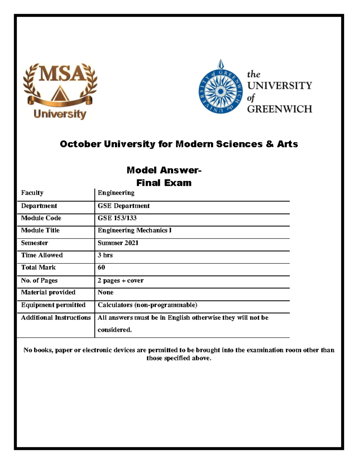 Mechanics - Final exam - summer 2021 - October University for Modern ...