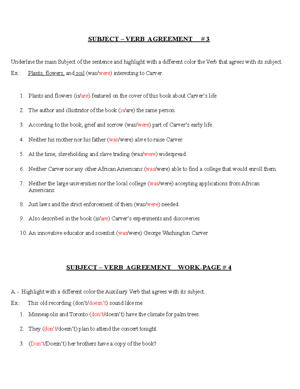 S-V Agreem Hwk-2 - deber - SUBJECT – VERB AGREEMENT # 3 Underline the ...