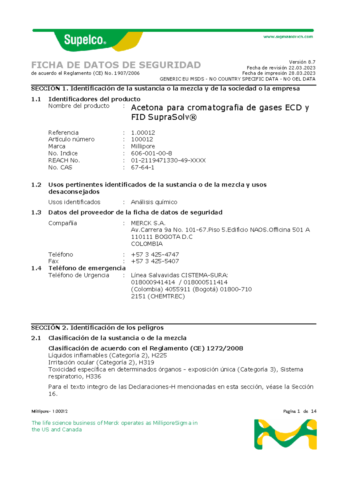 FDS Acetona - Millipore- 1 Pagina 1 de 14 The life science business of ...