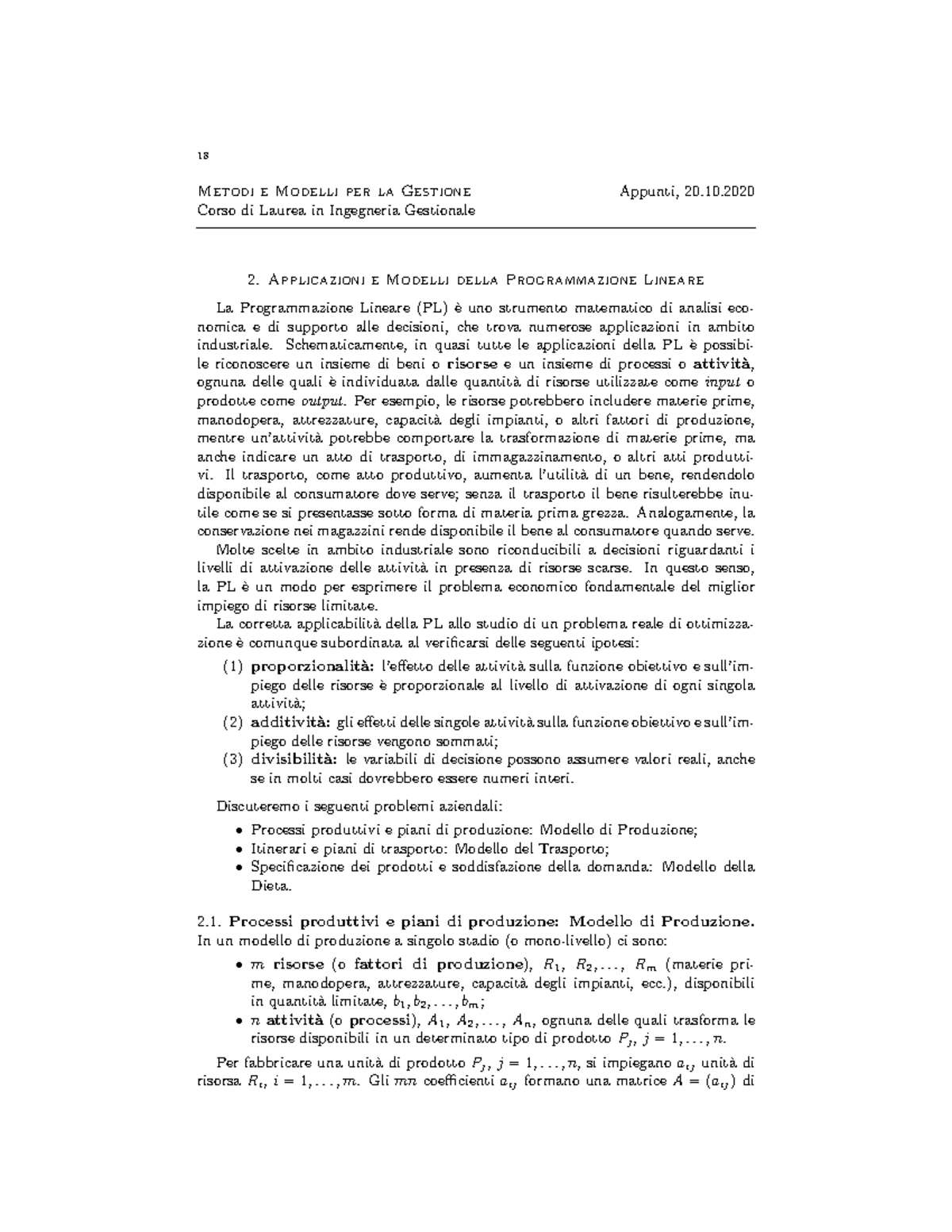 Applicazioni e Modelli della Programmazione Lineare - Metodi e Modelli ...