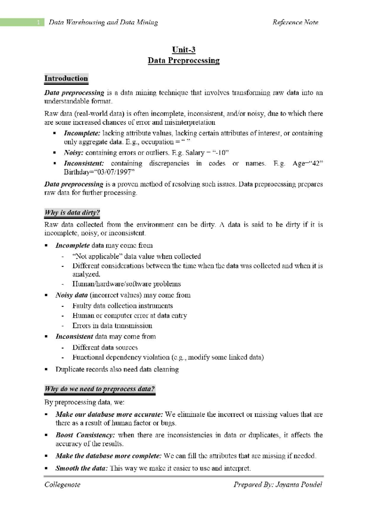 Unit 3 Data Preprocessing - 1 Data Warehousing and Data Mining Reference Note Data Preprocessing ...
