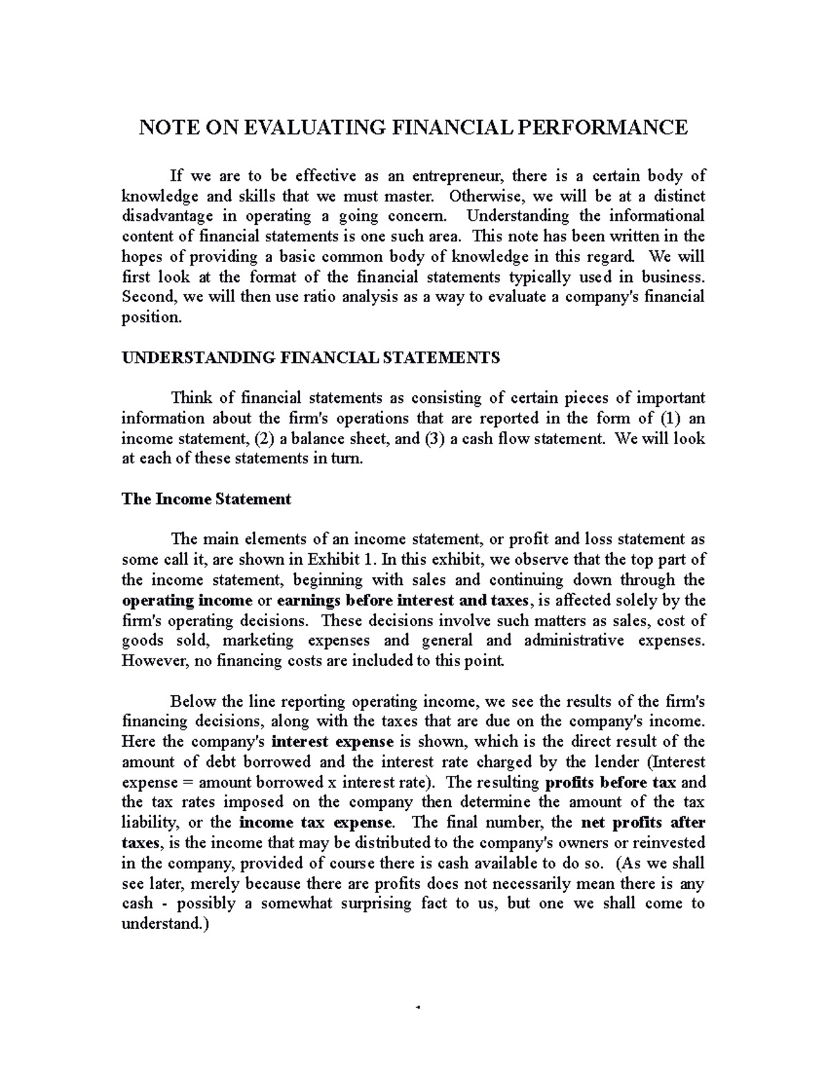 Teaching NOTE ON Financial Statements - NOTE ON EVALUATING FINANCIAL PERFORMANCE If we are to be ...