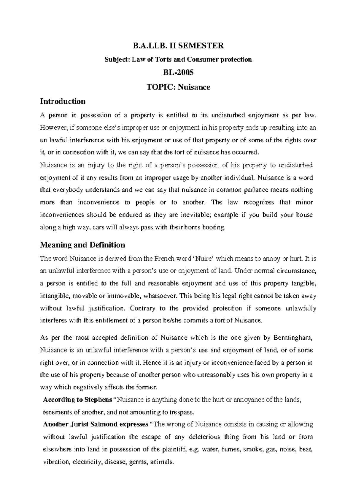 BA LLB II SEM LAW OF Torts BL 2005 Lecture on Nuisance - B.A. II ...