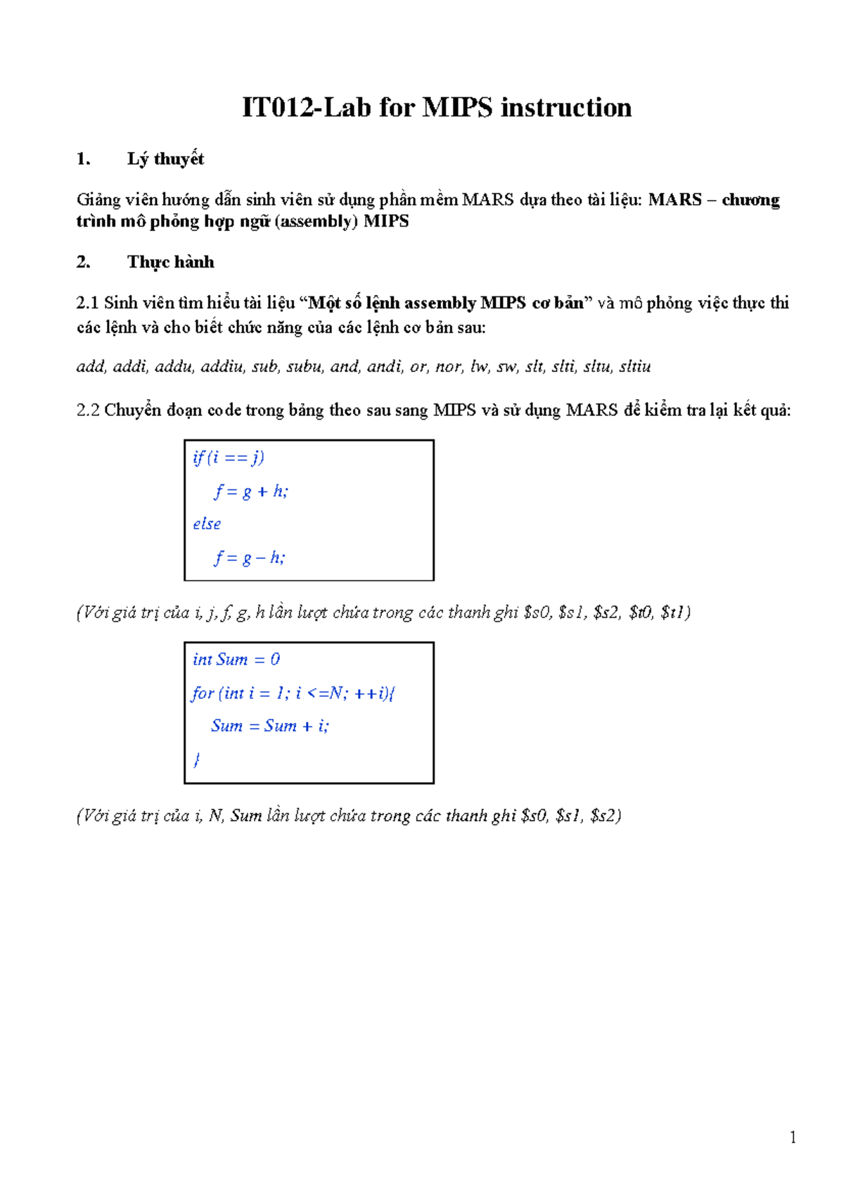 IT012-Lab-MIPS Instruction - 1 IT012-Lab for MIPS instruction Lý thuyết ...