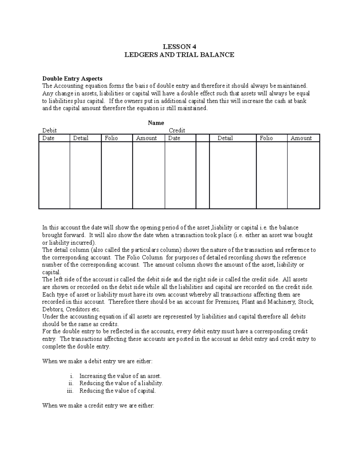 Lesson 4 Ledgers AND Trial Balance - LESSON 4 LEDGERS AND TRIAL BALANCE ...