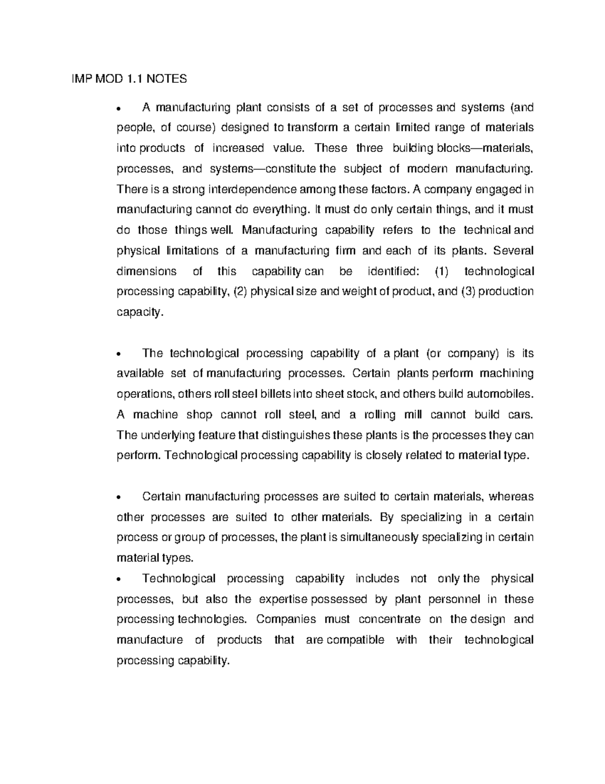 IMP MOD 1.1 Notes - IMP MOD 1 NOTES A manufacturing plant consists of a ...