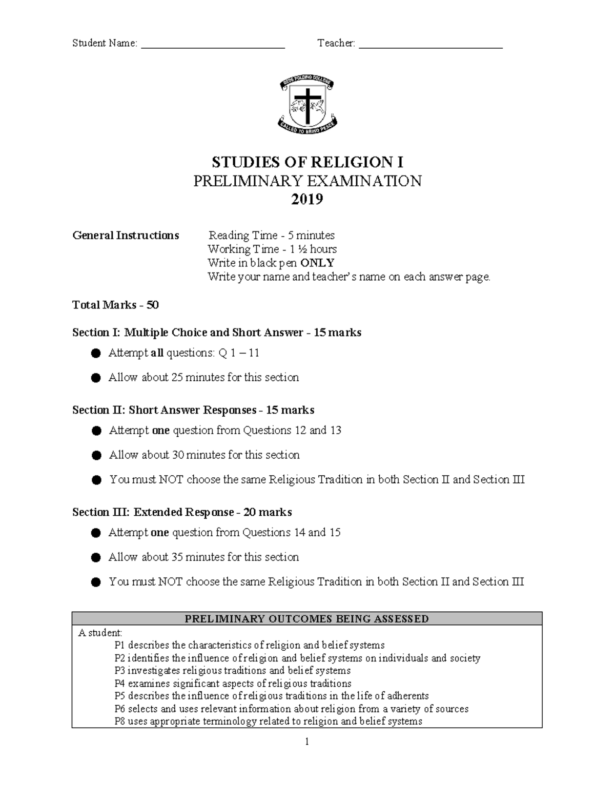 2019 - SOR I Exam - SOR 1 Exam for Australian Preliminary Syllabus course, Studies of Religion 1 ...