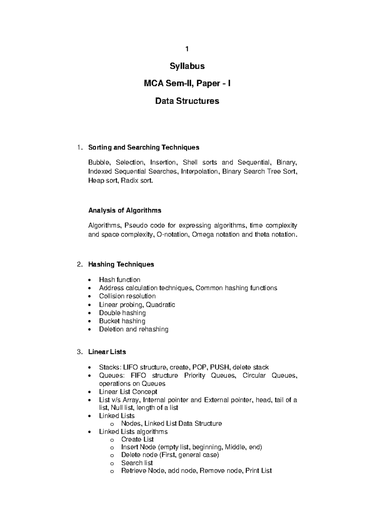 M.C.A.(Sem - II) Paper - I - Data Structures - Syllabus MCA Sem-II ...