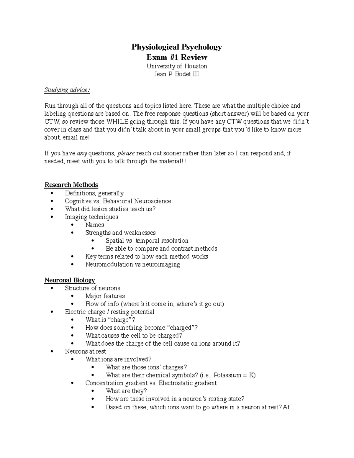 Test review 1 - Physiological Psychology Exam #1 Review University of ...