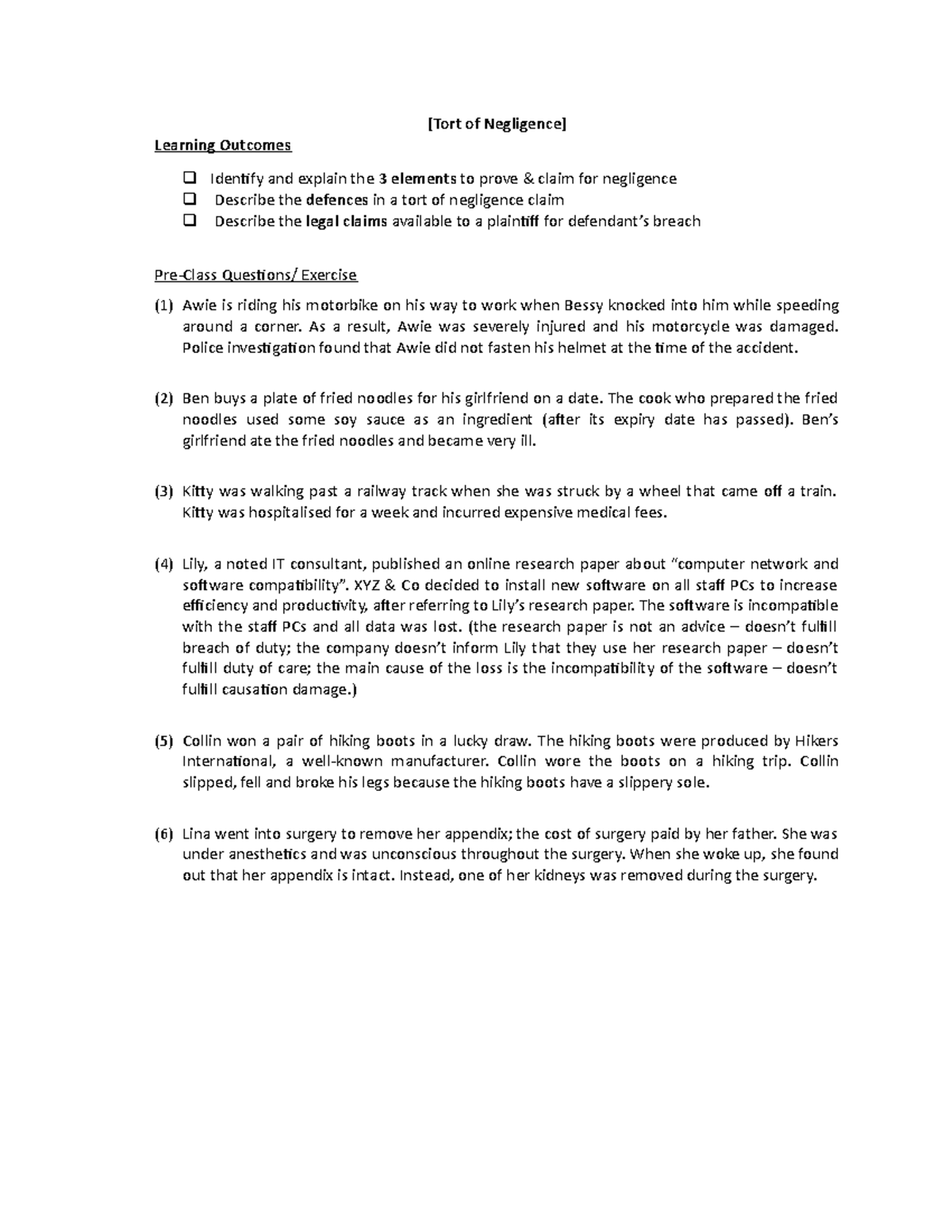 Topic 2 Tort of Negligence - [Tort of Negligence] Learning Outcomes ...