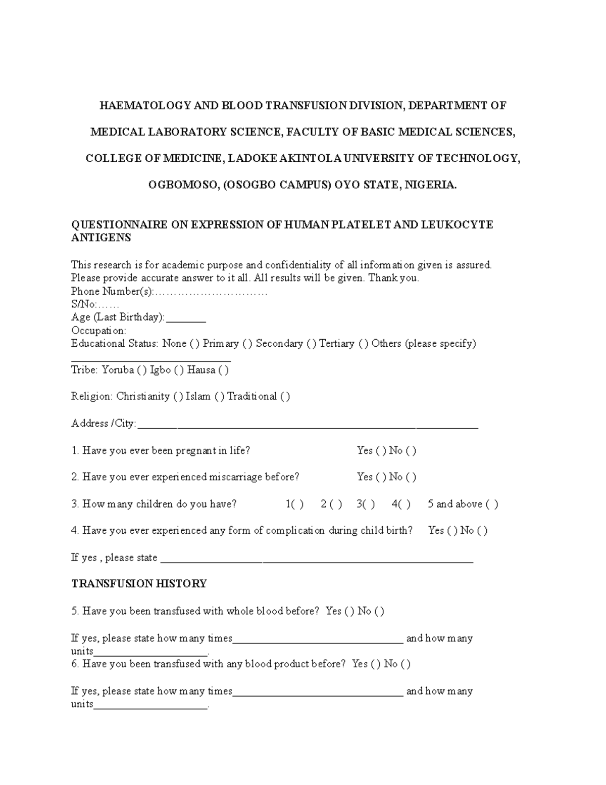 Questionnaire 2 - materials - HAEMATOLOGY AND BLOOD TRANSFUSION ...