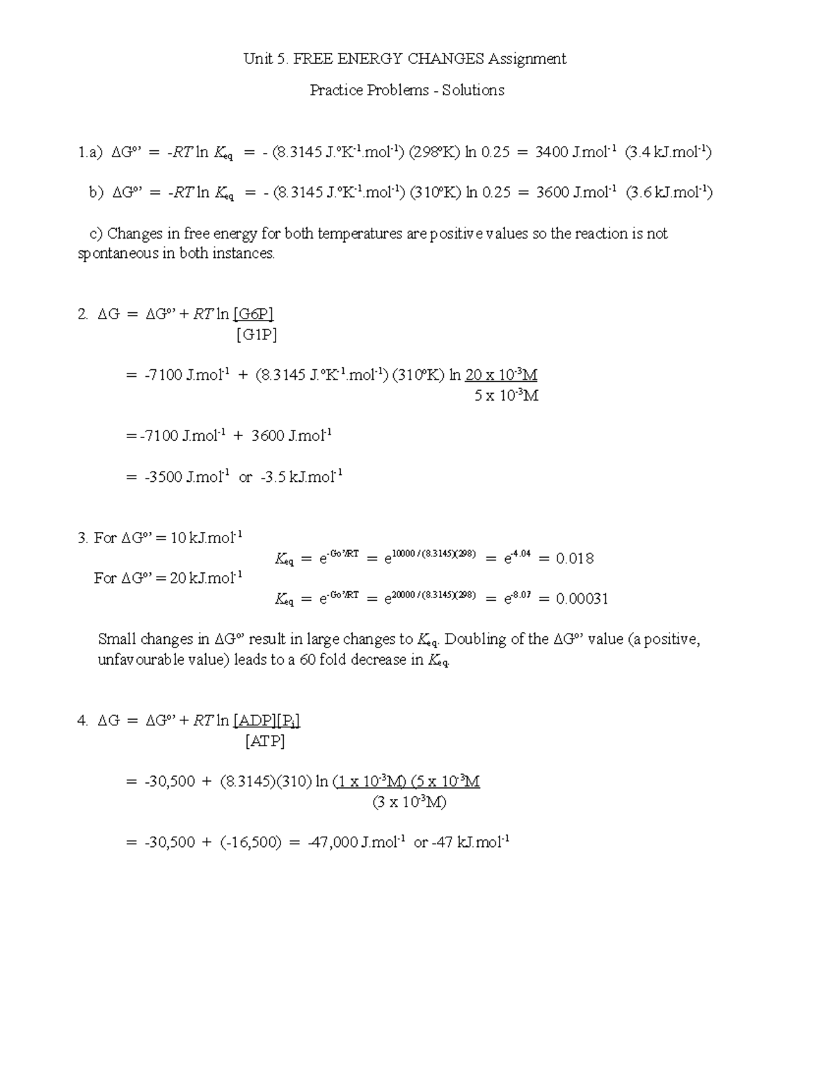 Unit 5. FREE Energy Changes Practice Problems - Unit 5. FREE ENERGY ...