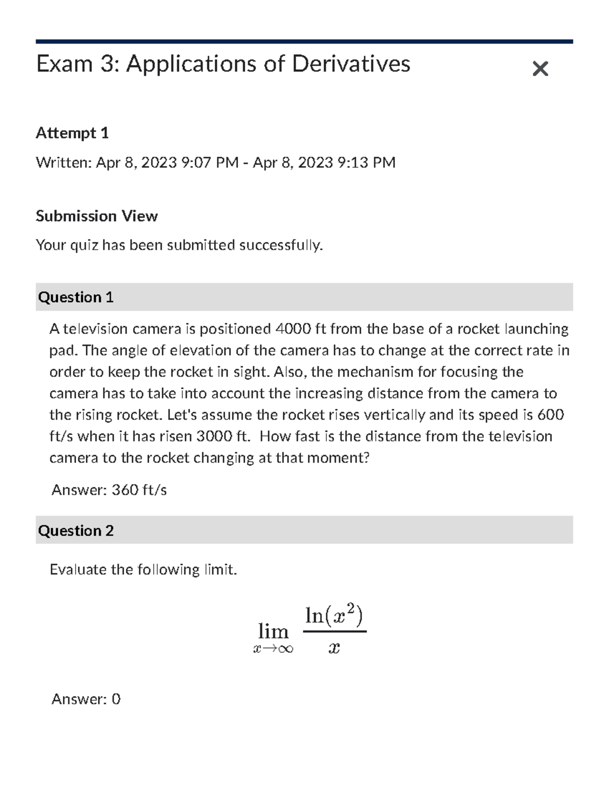 - Exam 3- Applications of Derivatives - Spring 2023 - Calculus I (MATH ...