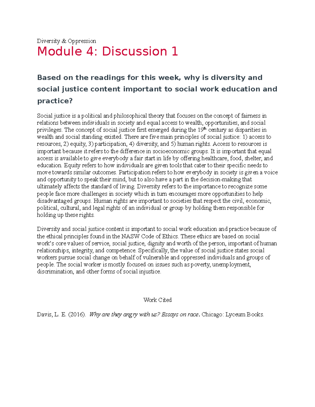 M4 discussion 1 - Diversity & Oppression Module 4: Discussion 1 Based ...