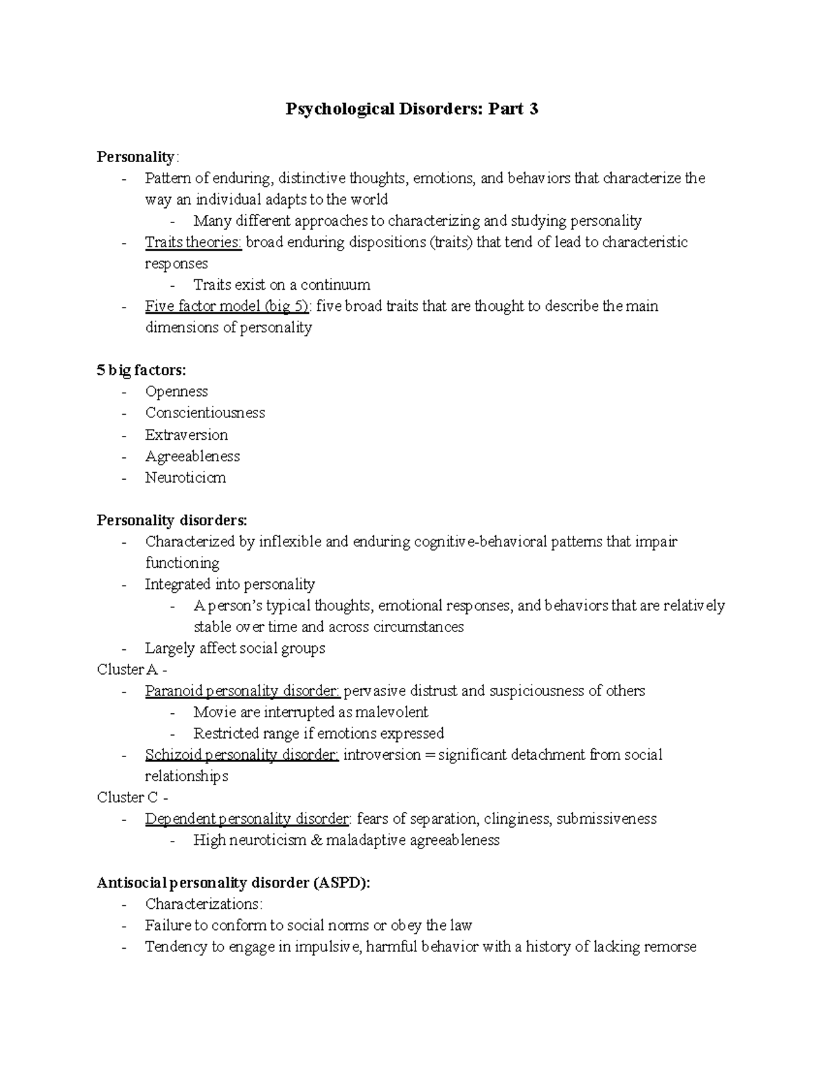 PSYC 101 notes psychological disorders pt - Psychological Disorders ...