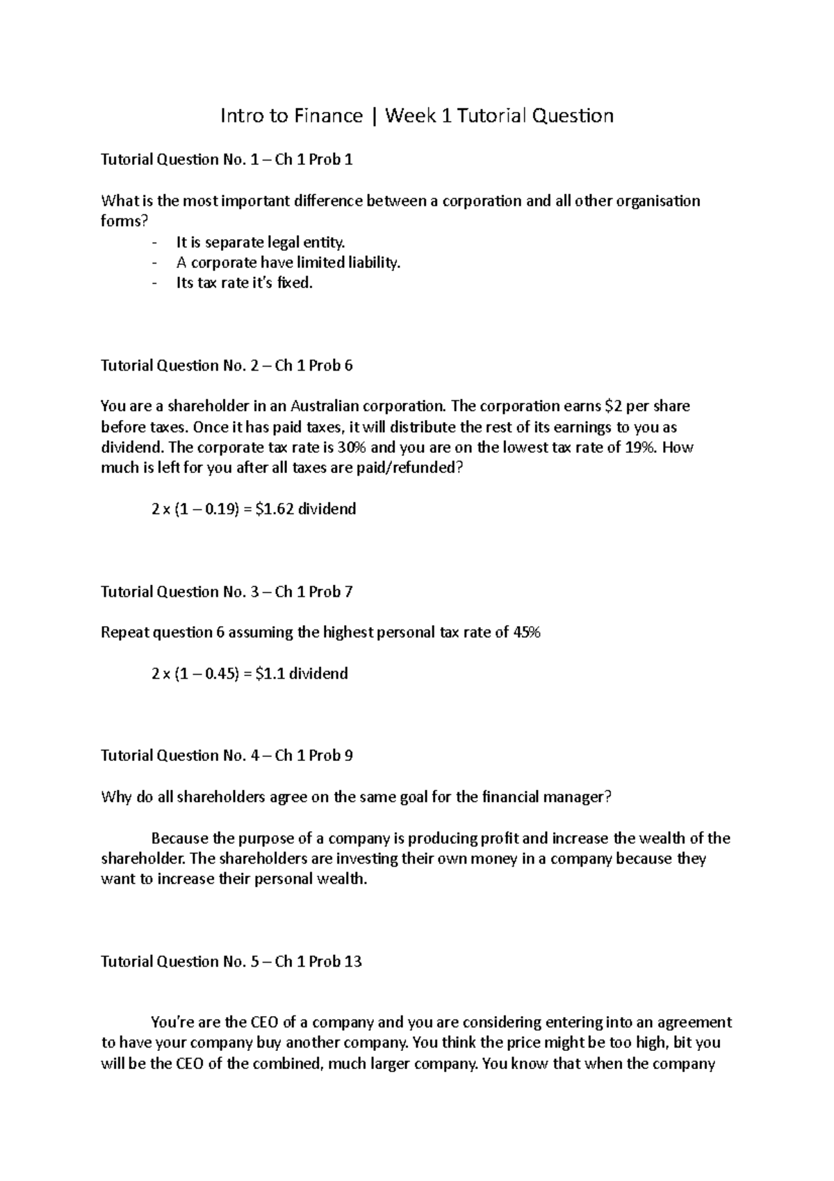 Intro to Finance Week 1 Tutorial Questions - Intro to Finance | Week 1 ...