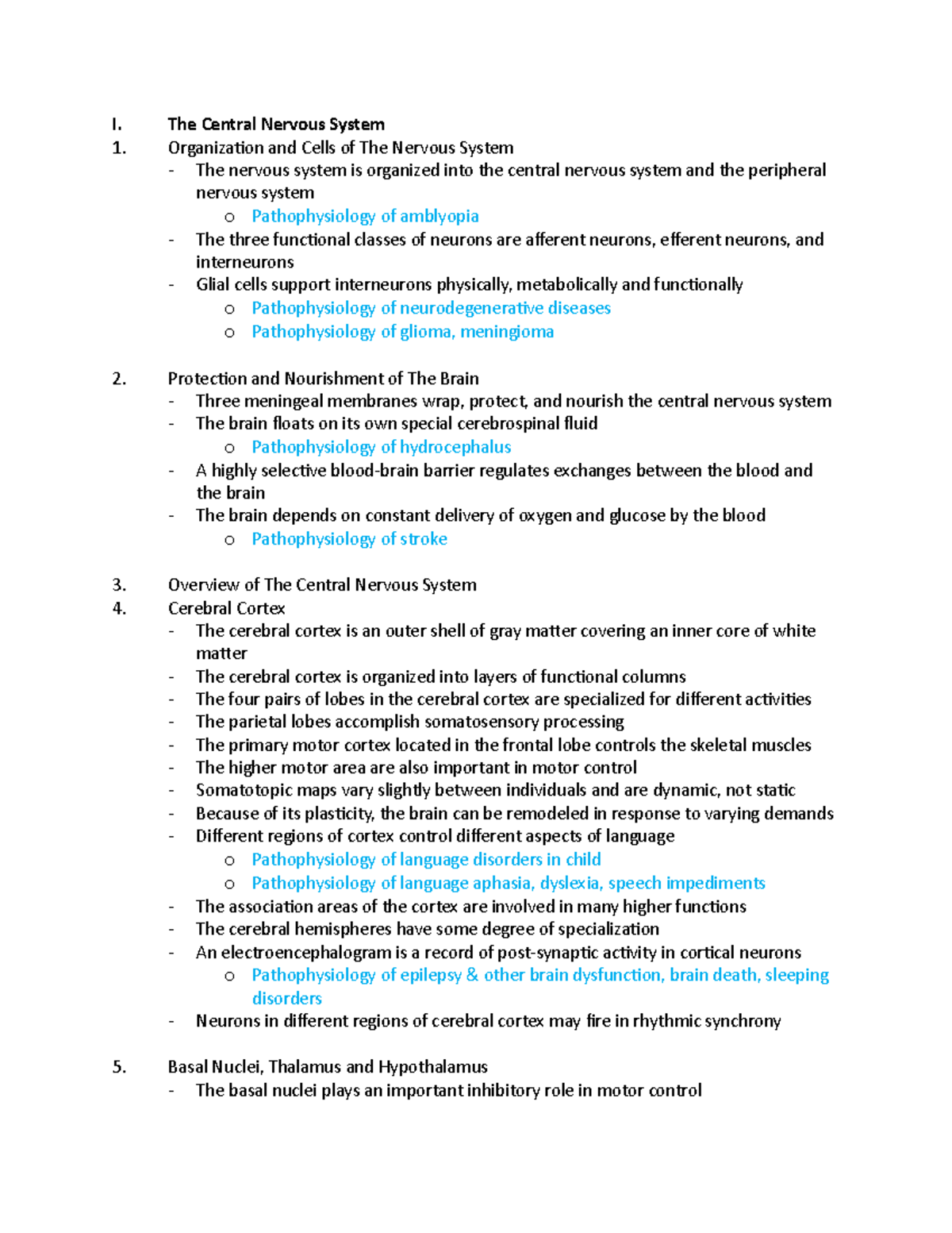 The Central Nervous System docx - I. The Central Nervous System ...
