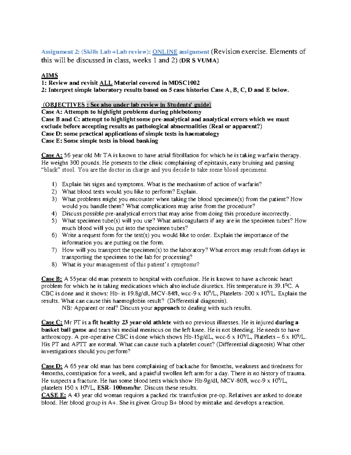 Assignment 2. 2019-2020 - Assignment 2: (Skills Lab +Lab review): ONLINE assignment (Revision ...