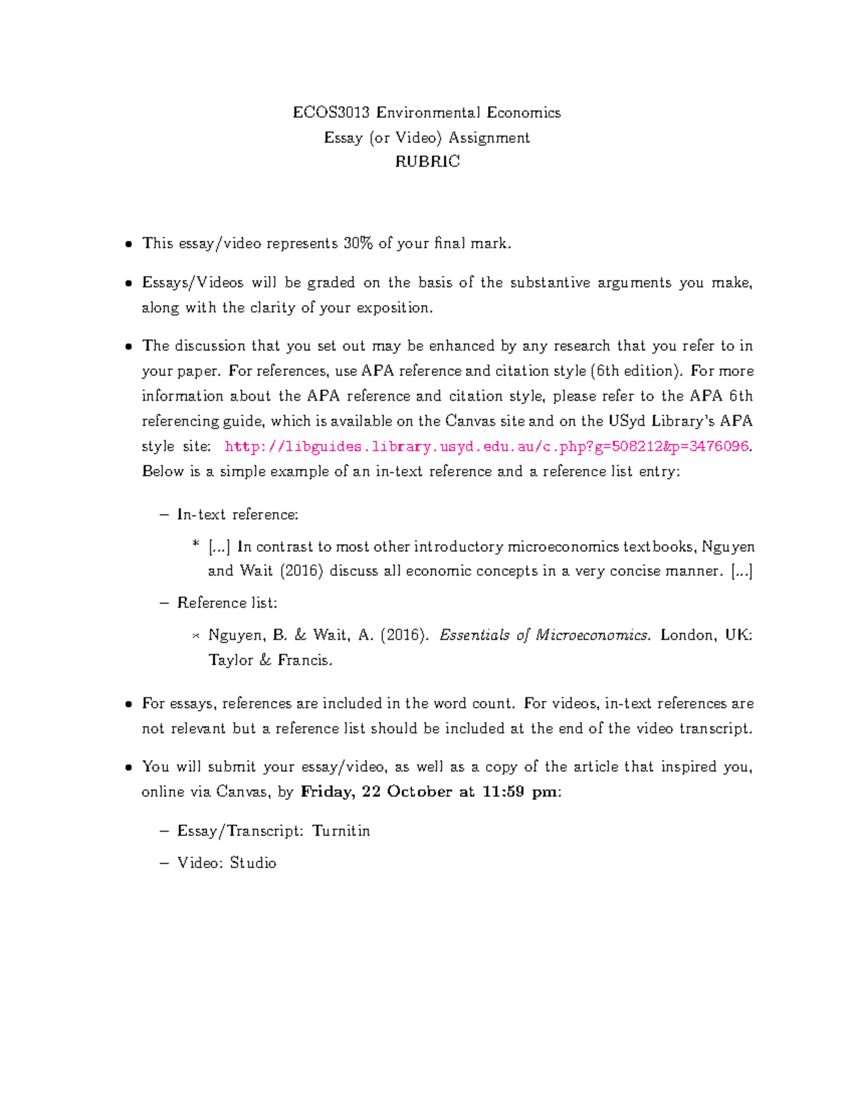 2021 Essay Assignment Rubric - ECOS3013 Environmental Economics Essay ...