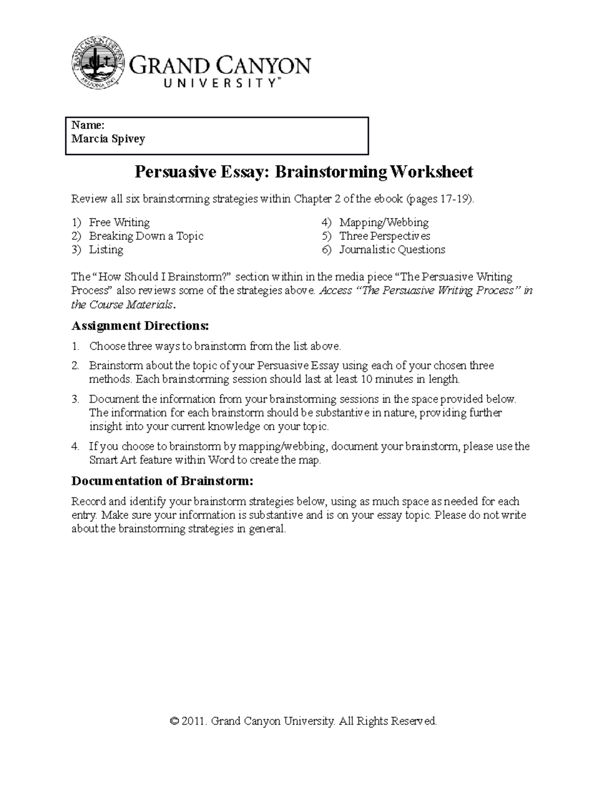 PHI105 T2 Brainstorming Worksheet (Week 2) - Name: Marcia Spivey ...