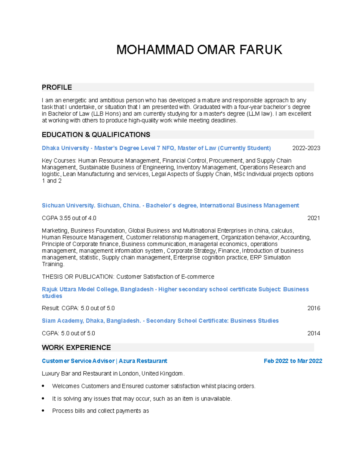 Mohammad OMAR Faruk CV - offer and contact - MOHAMMAD OMAR FARUK PROFILE I am an energetic and ...