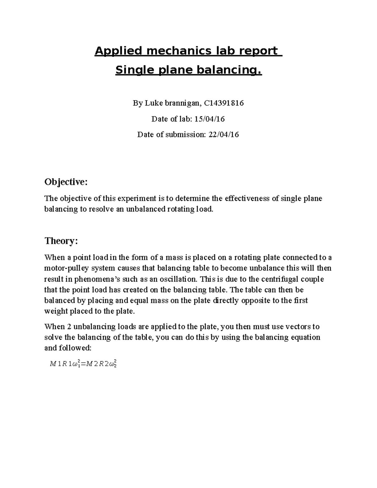 Applied mechanics lab report - Applied mechanics lab report Single ...