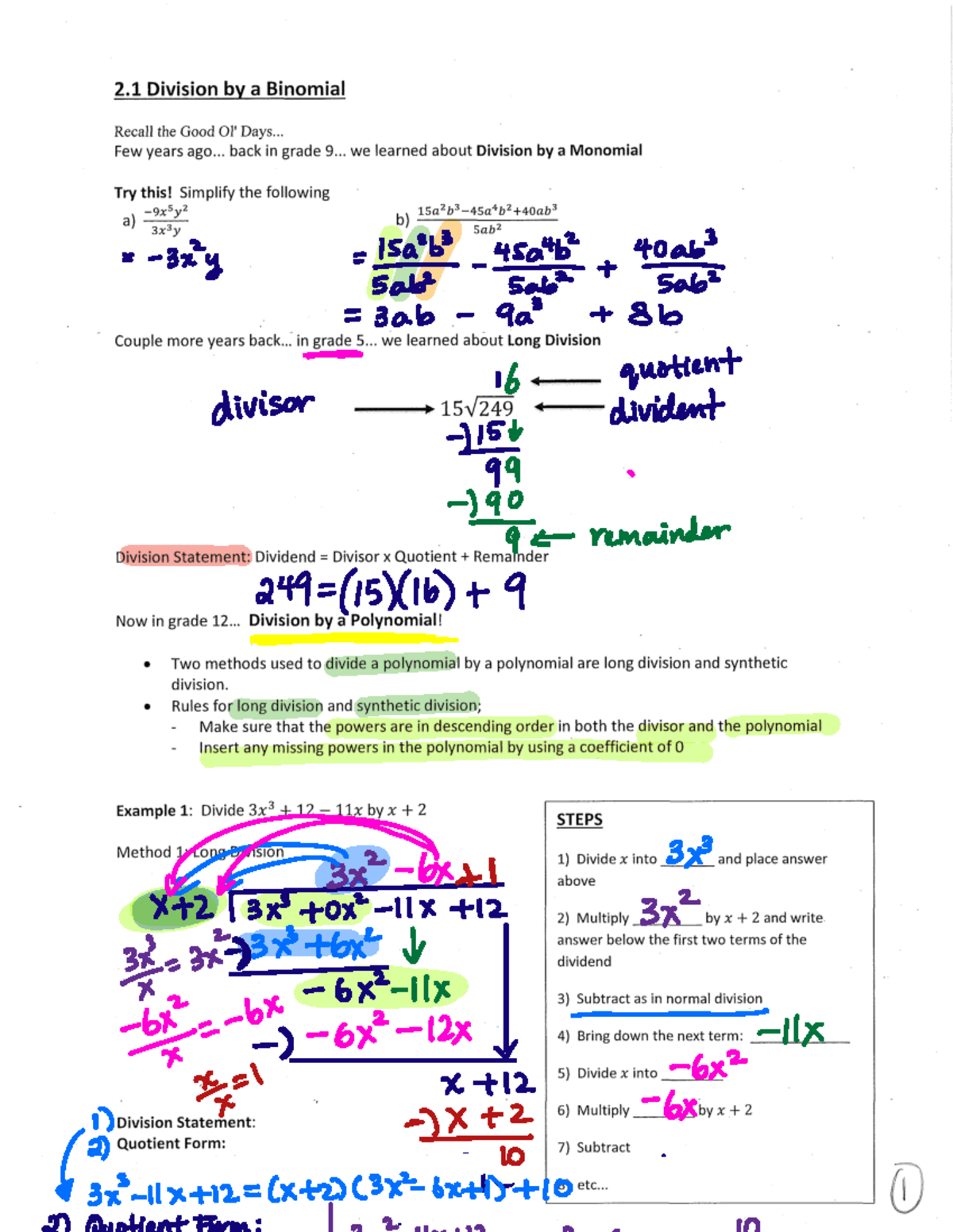 Mhfunit 2 - SSSSEEEEEEEEEEE - 2 Division by a Binomial Recall the Good ...