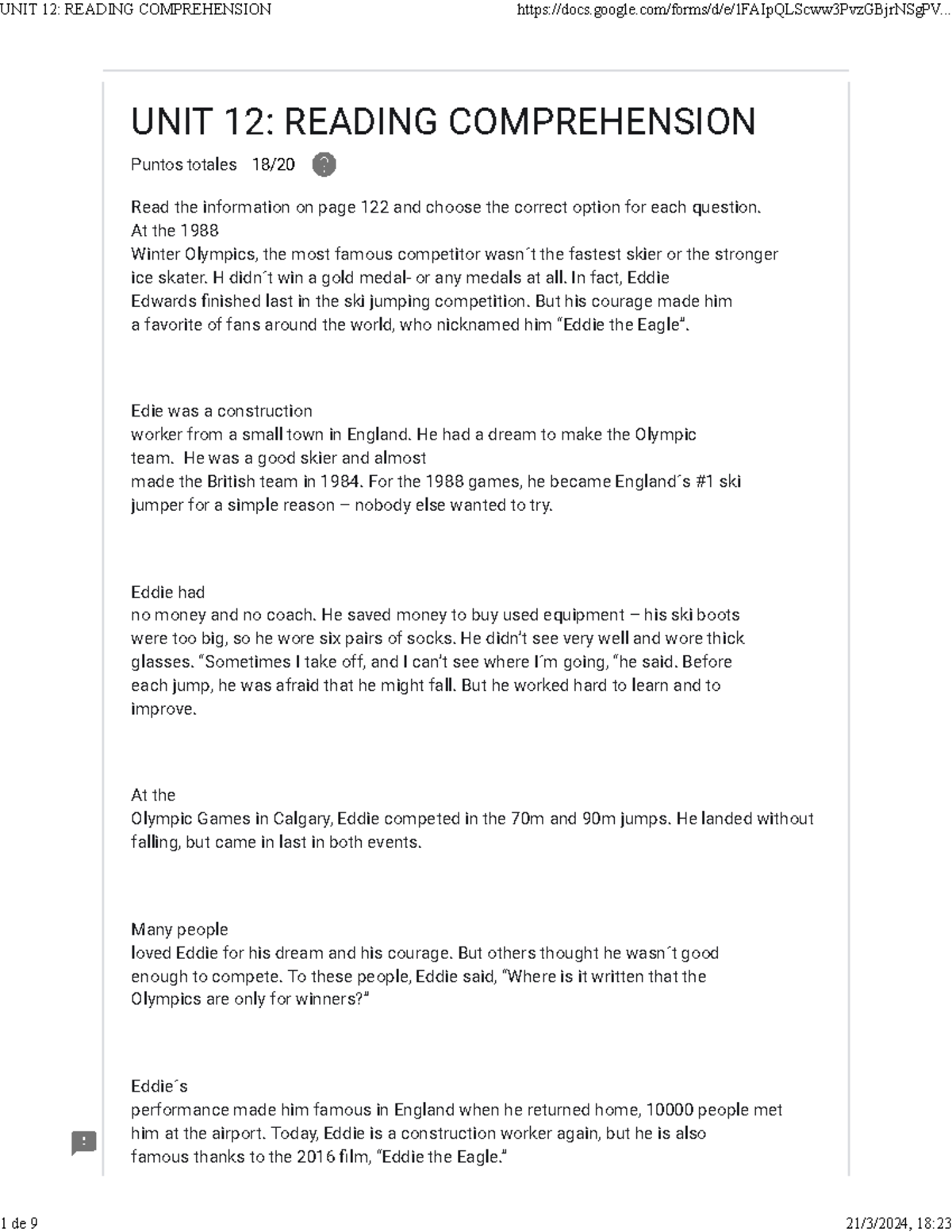 UNIT 12 Reading Comprehension - UNIT 12: READING COMPREHENSION Puntos ...