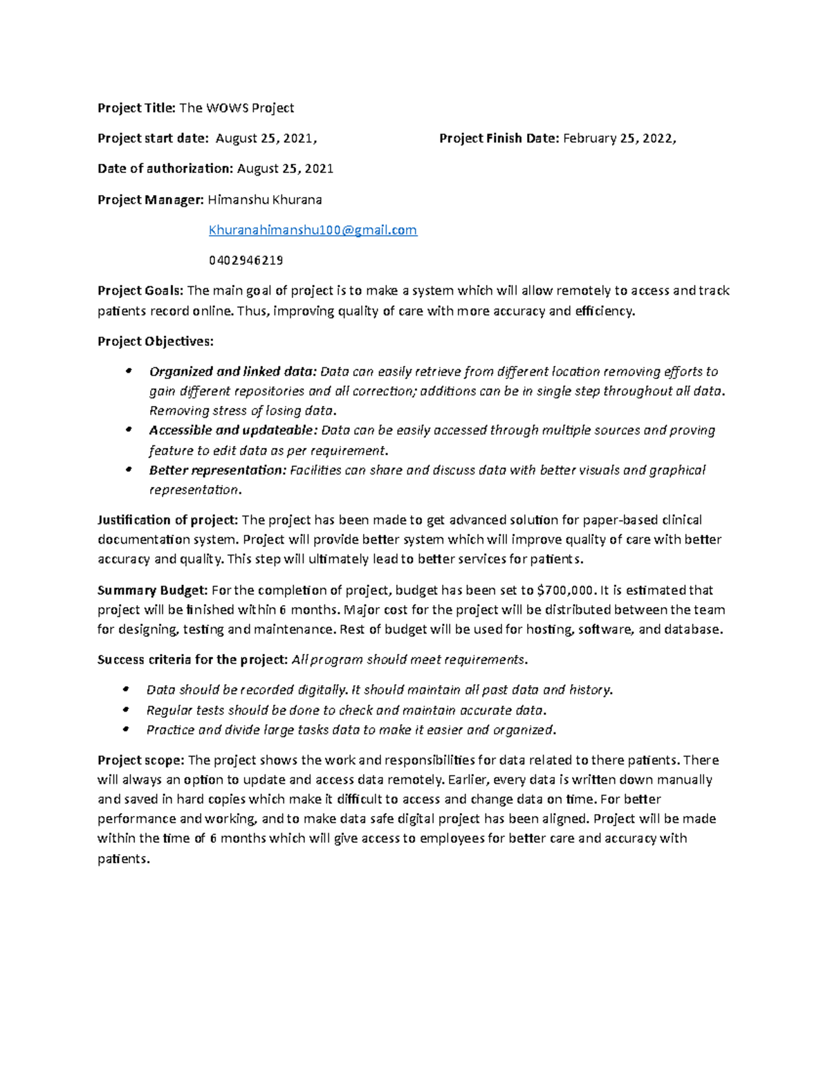 Assignment 1 it project tutorial note - Project Title: The WOWS Project ...