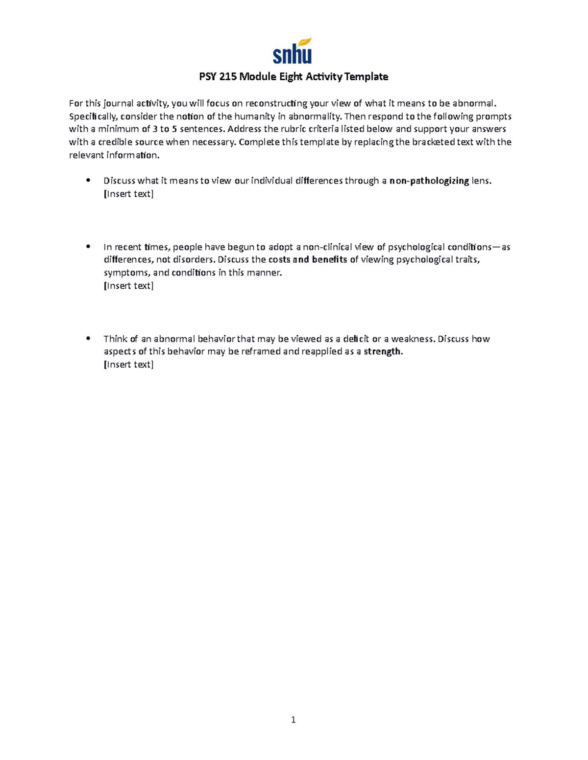 PSY 215 Module Eight Activity Template - PSY215 - SNHU - Studocu