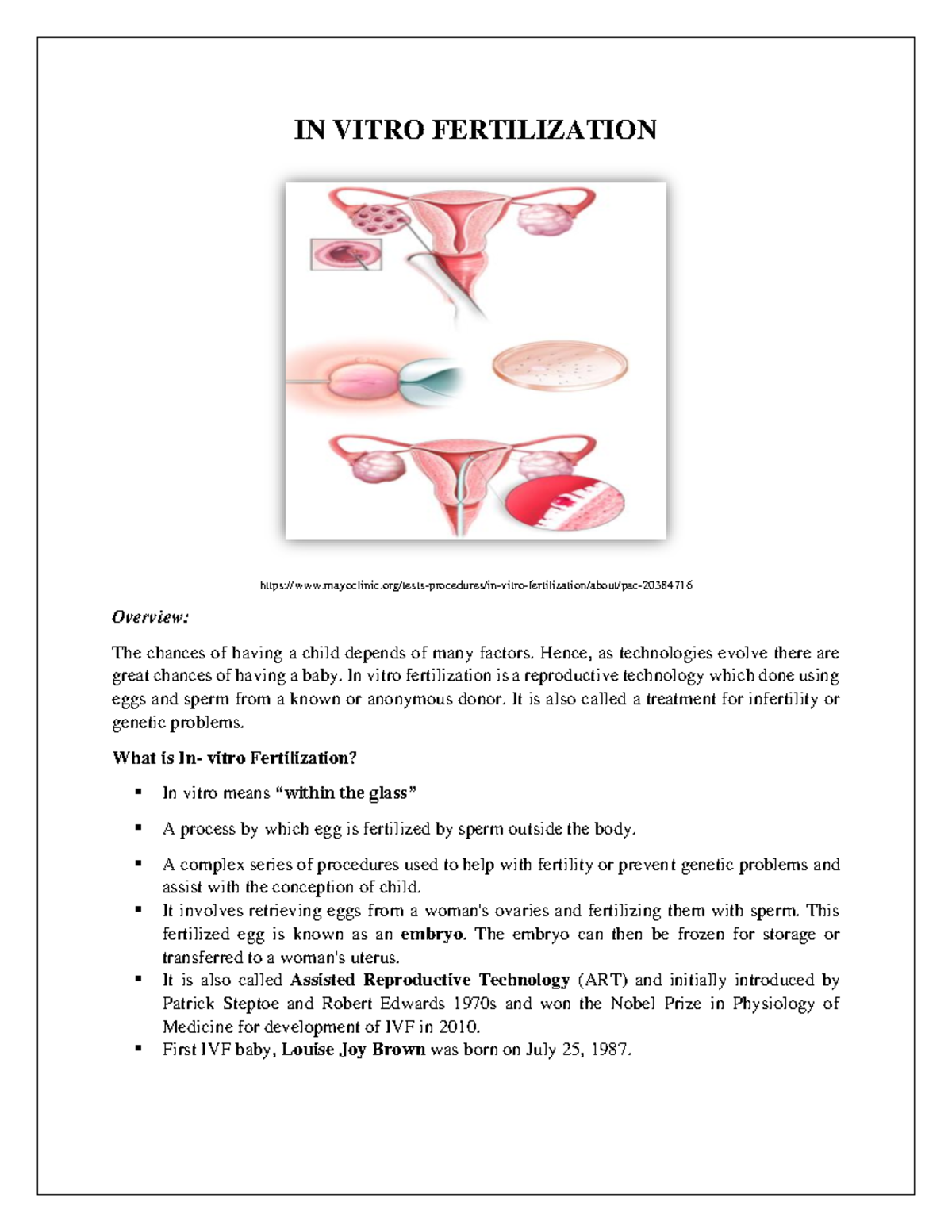Borja -IN Vitro Fertilization (handouts) - IN VITRO FERTILIZATION - Studocu