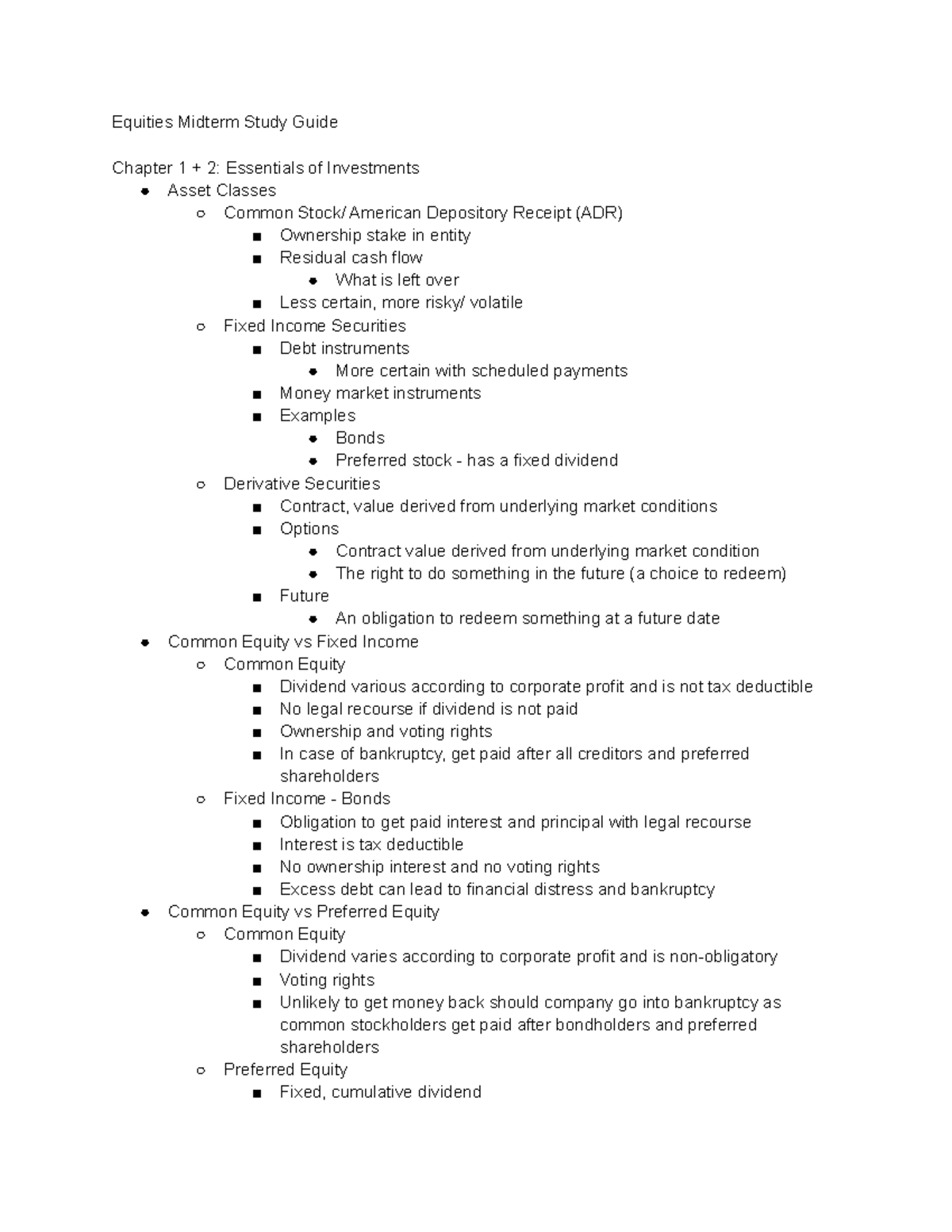 Equities Midterm Study Guide - Equities Midterm Study Guide Chapter 1 ...