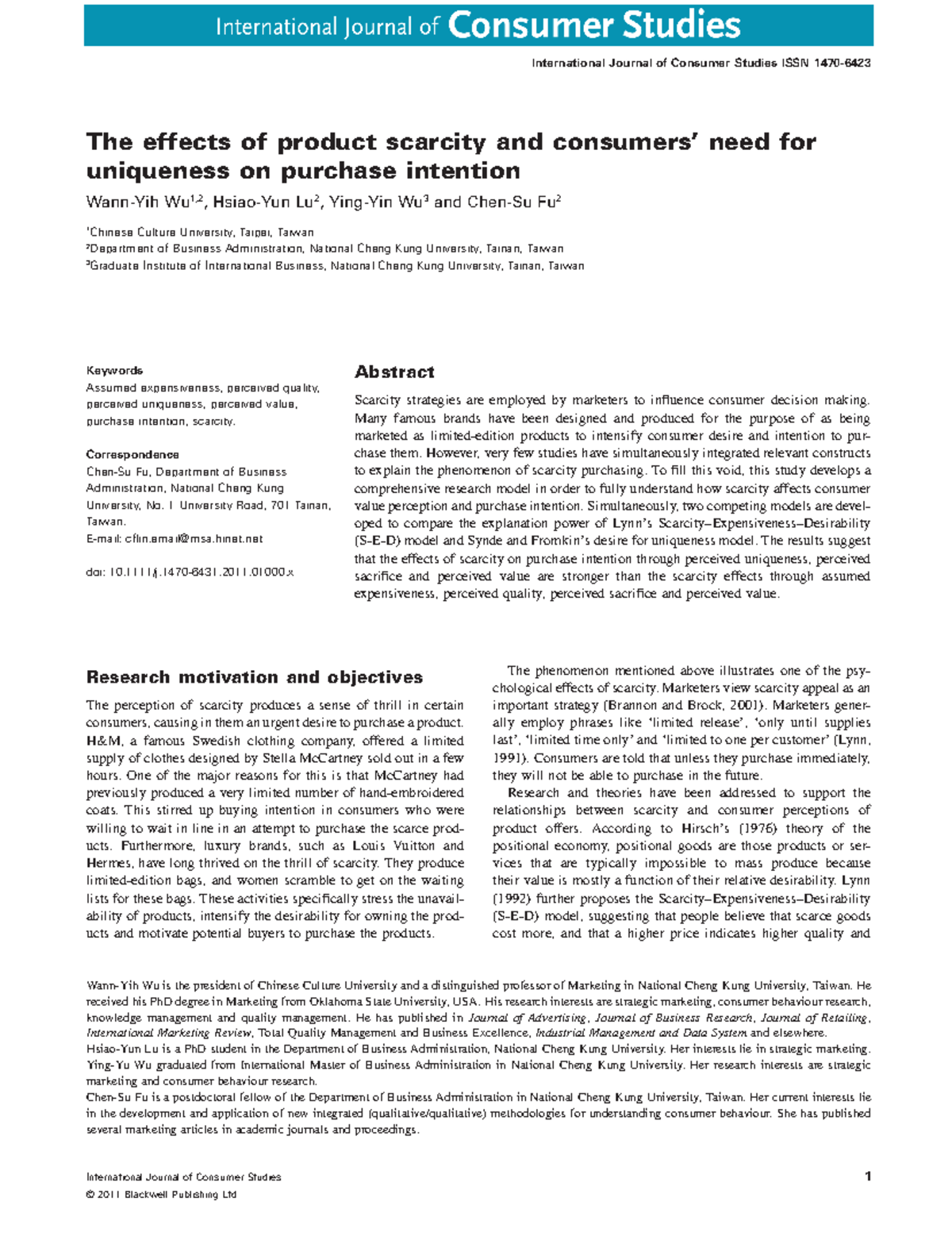 The effects of product scarcity and consumers’ need - . Wann-Yih Wu 1,2 ...