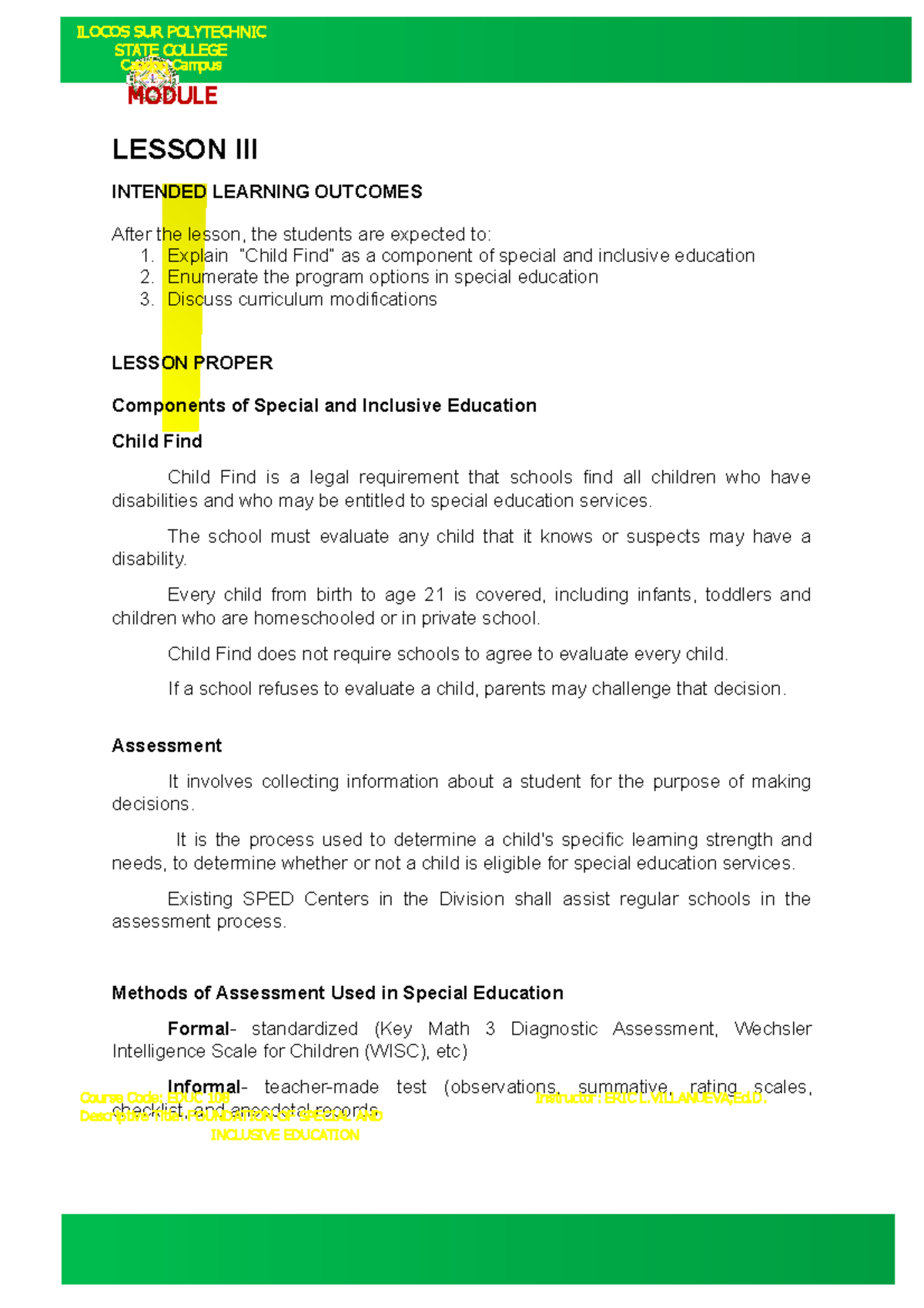EDUC 108 - Module Format Lesson III - LESSON III INTENDED LEARNING ...