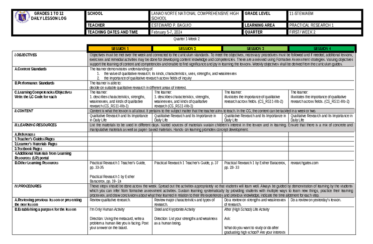 DLL PR 1 week 2 - research - GRADES 1 TO 12 DAILY LESSON LOG SCHOOL ...