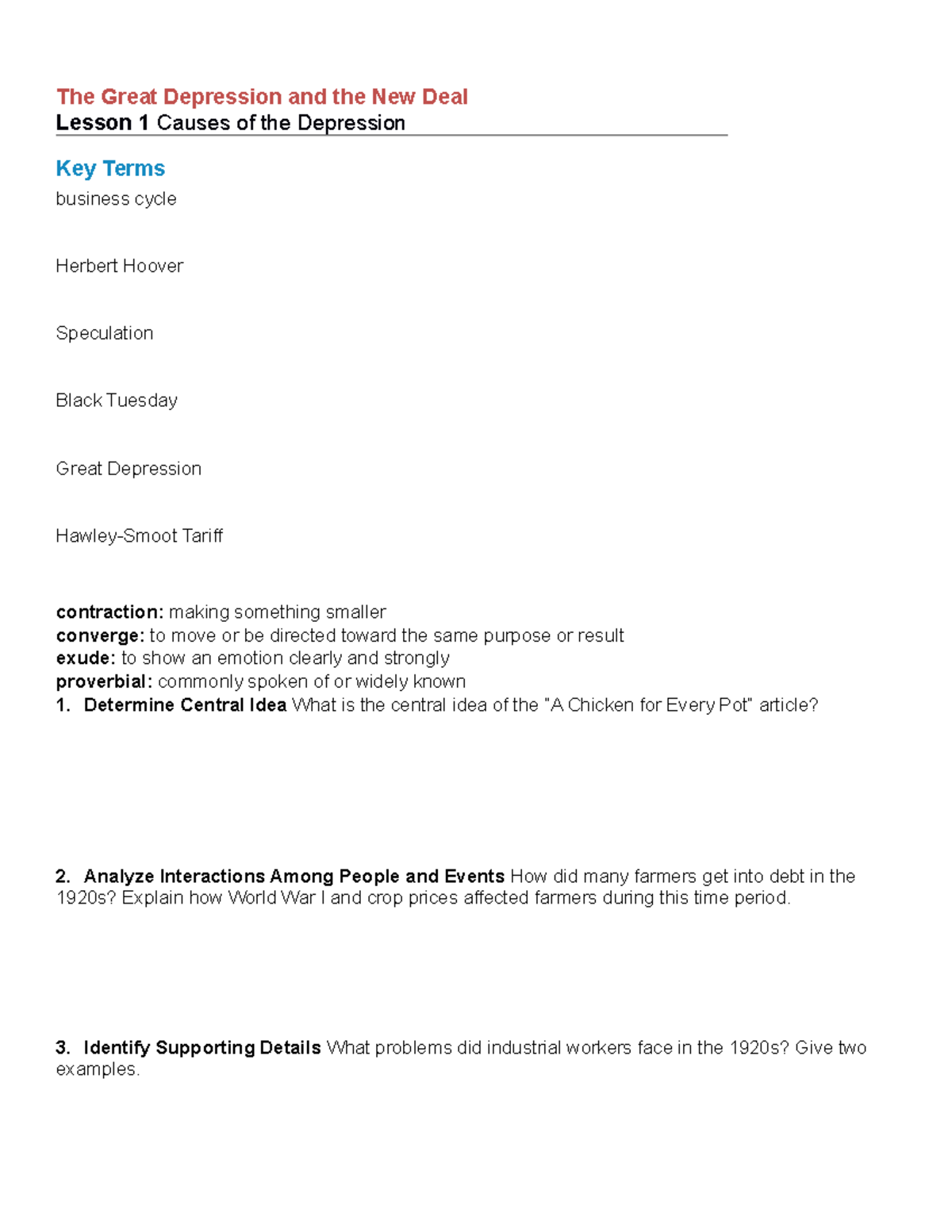 6 - Class notes - The Great Depression and the New Deal Lesson 1 Causes ...