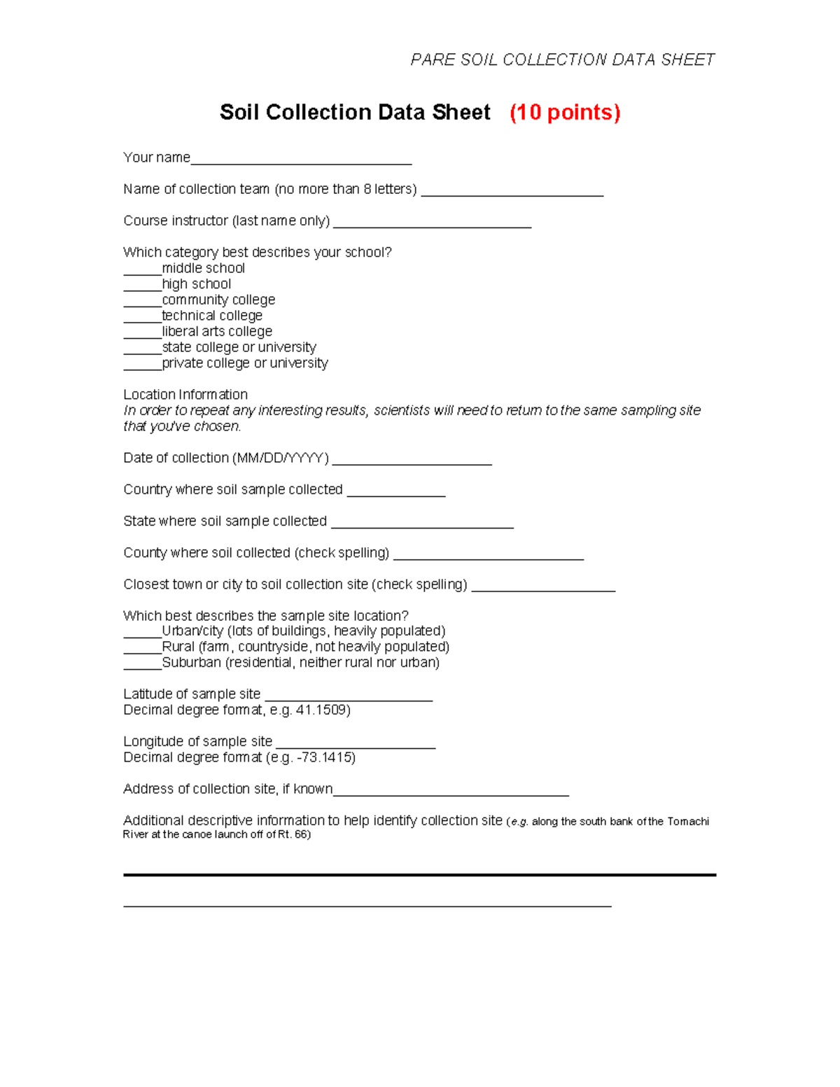 PARE Soil Collection Data Sheet - PARE SOIL COLLECTION DATA SHEET Soil ...