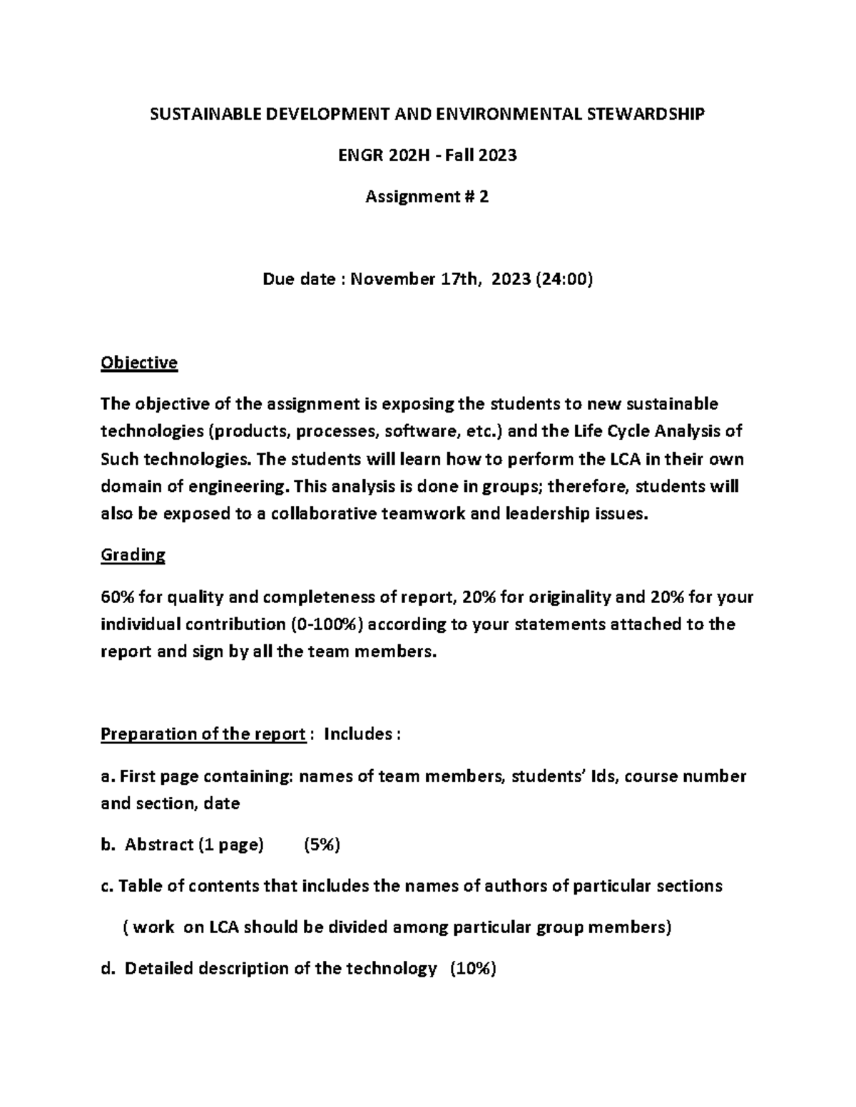 ENGR 202 Assignment #2 - SUSTAINABLE DEVELOPMENT AND ENVIRONMENTAL STEWARDSHIP ENGR 202H - Fall ...