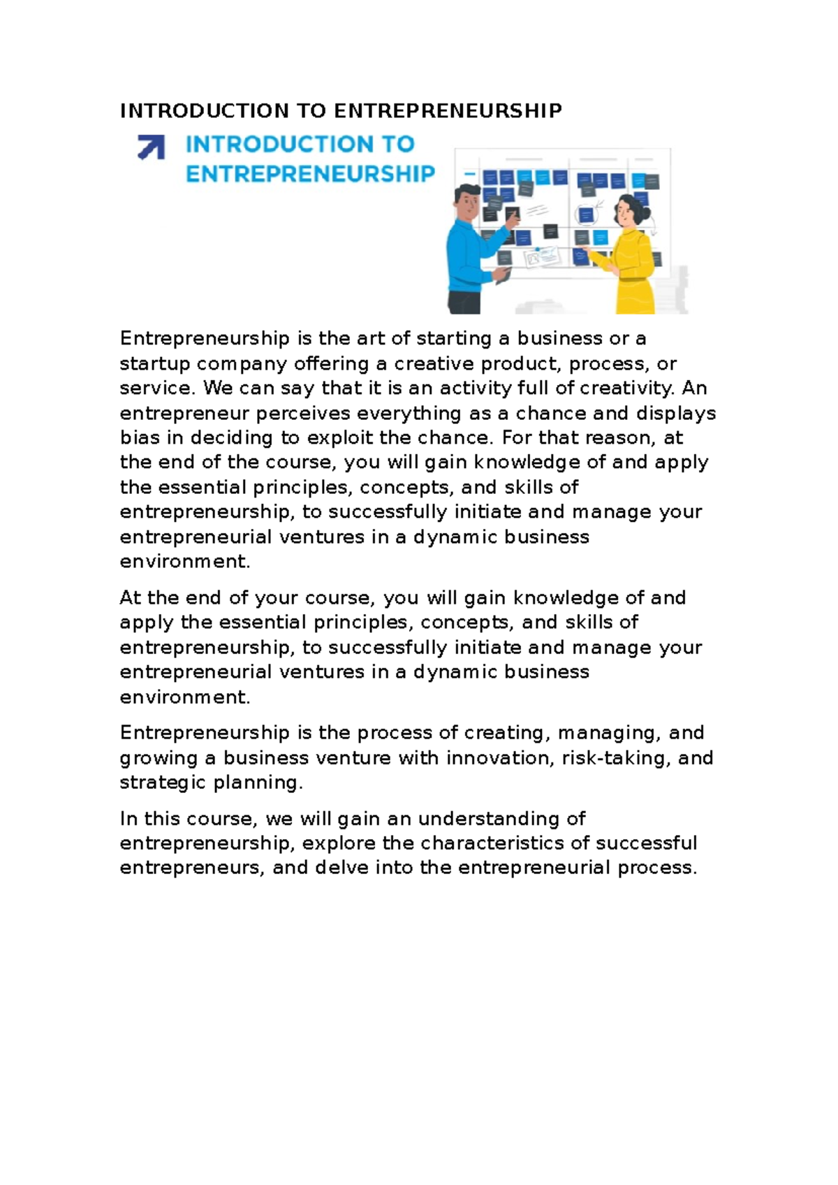 Introduction to Entrepreneurship - INTRODUCTION TO ENTREPRENEURSHIP ...