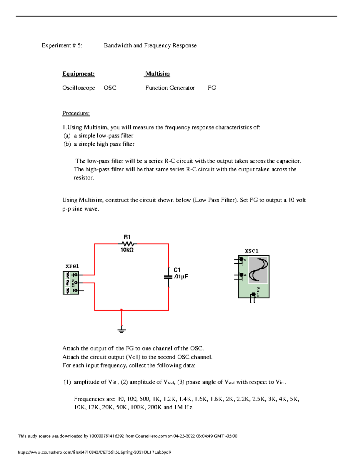 CET3615L.Spring .2021.OL17 - Experiment # 5: Bandwidth and Frequency Response Equipment ...