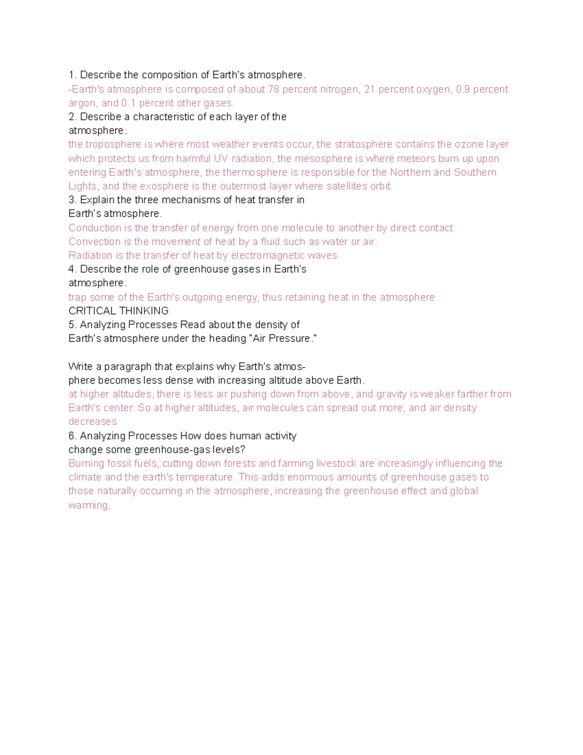 The atmosphere reading - Describe the composition of Earth’s atmosphere ...