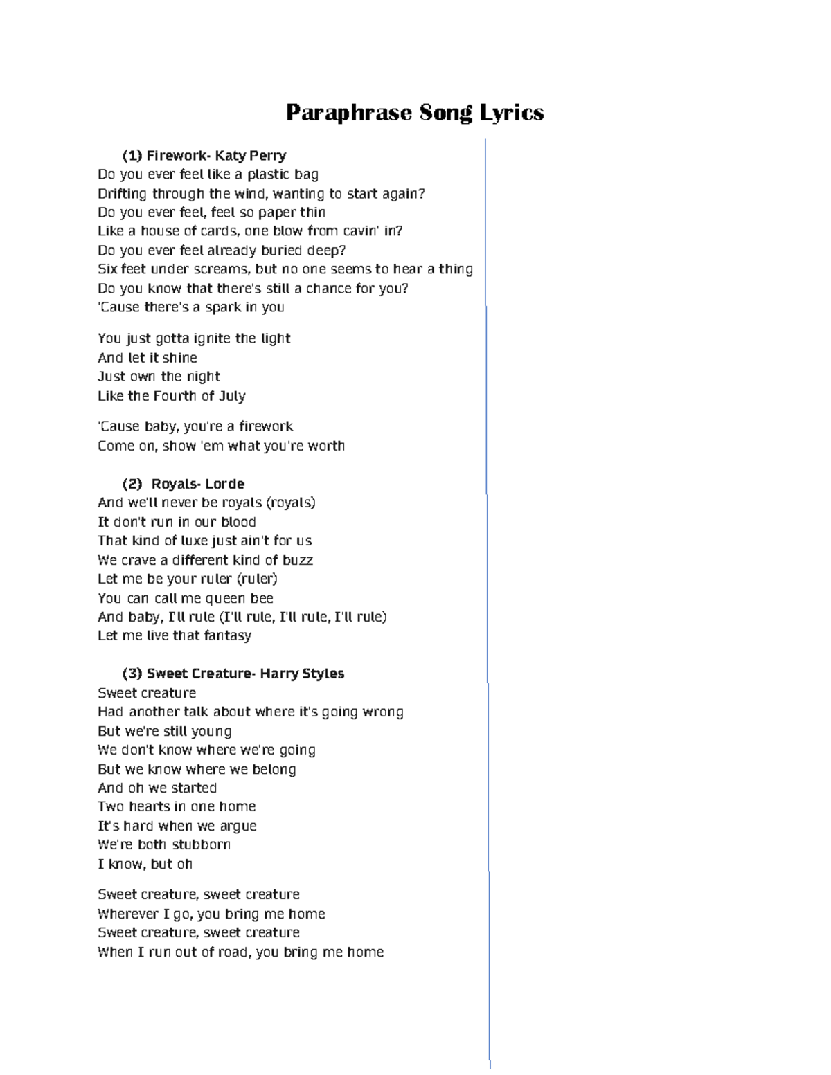 Paraphrase Activity - Paraphrase Song Lyrics (1) Firework- Katy Perry ...